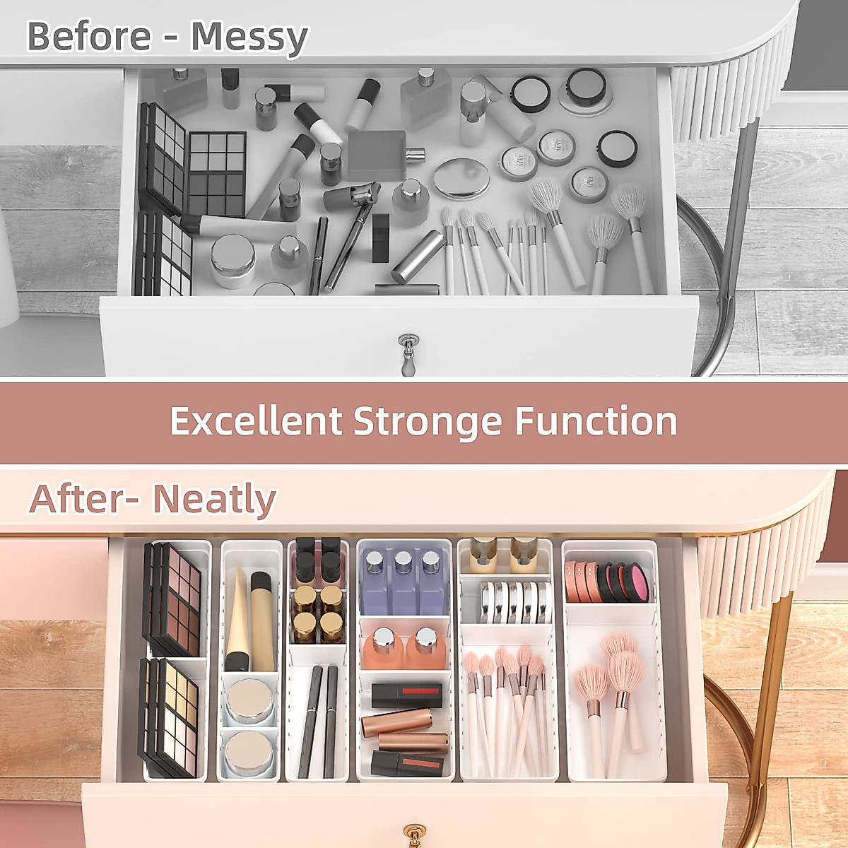 Pluspace 6 PCS Drawer Organizer Set, Bathroom Vanity Drawer Organizer Trays with Dividers Adjustable, Versatile Storage Bins for Makeup Plastic Desk Drawer Organizer for Closet Kitchen Utensil