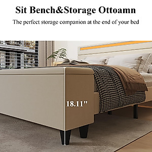 Forrise Queen Bed Frame with Headboard, USB Charging Station and LED Light, Footstool, Upholstered Platform Bed Frame with Living Room Space, Wooden Slat Support, Solid Wood, Beige