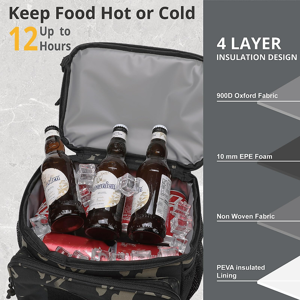 ATRIPACK 2 Compartment Lunch Bag for Men Adult, Tactical Lunch Box Leakproof Insulated Large Cooler Bag for Work with Adjustable Shoulder Strap Flag Double Layer Lunch Pail（Camo-Black）