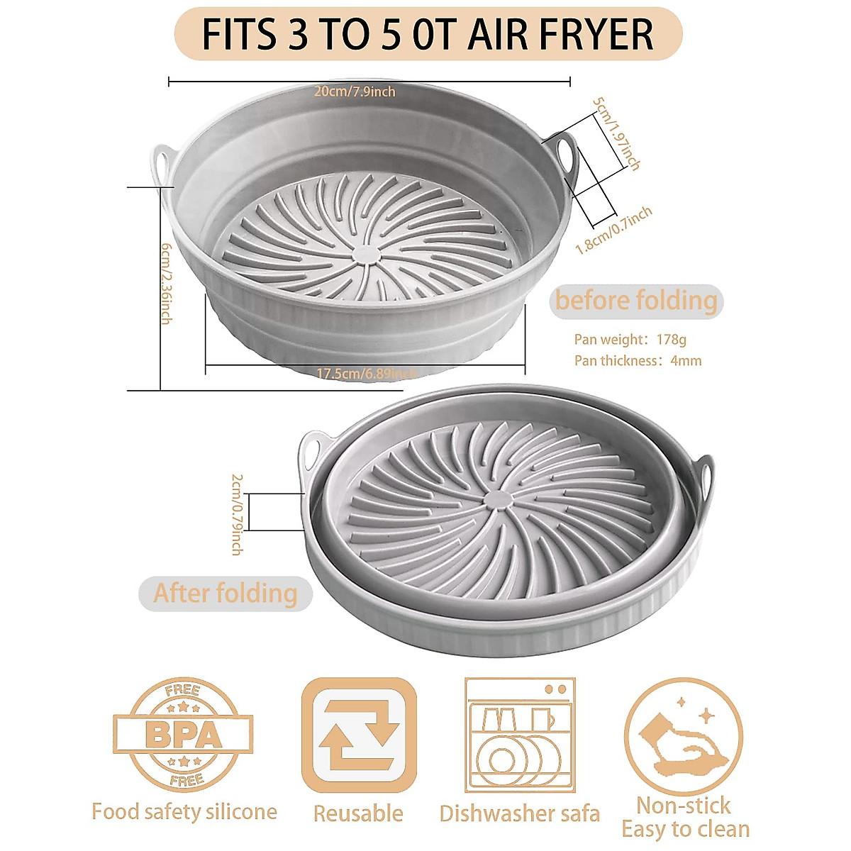 2-Pack, 7.9inch Air Fryer Silicone Liners Reusable, Foldable Air Fryer Silicone Basket, Heat Resistant Air Fryer Oven Accessories, Easy Cleaning Air Fryers Pot for 3-5 Qt Air Fryer (Grey)
