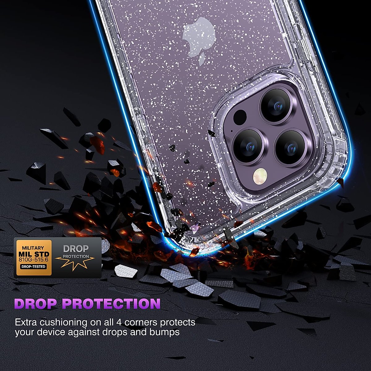 Diaclara Designed for iPhone 14 Pro Max Case 6.7’’ [2023 Upgraded], Full Body Rugged Case w/Built-in Touch Sensitive Anti-Scratch Screen Protector+9H Glass Camera Lens Protector(Clear Glitter)