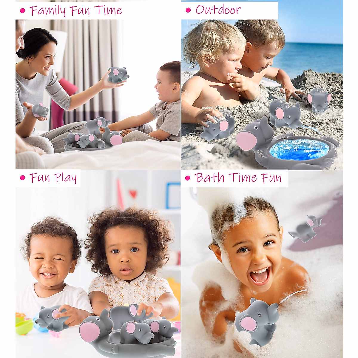 DolliBu Elephant Family Animal Bath Squirters 4 Piece Bath Toy Set, Children Bath Toys for Bathtime & Water Fun, Girls & Boys Floating Rubber Squirt Toys, Pool Toys for Kids - Gray Elephant