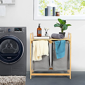 ALAPUR 2 Sections Bamboo Laundry Hamper with Sliding Removable Bags, Wooden Freestanding Laundry Basket with Shelf, Laundry Sorter for Bathroom Living Room Bedroom Laundry Room, Gery