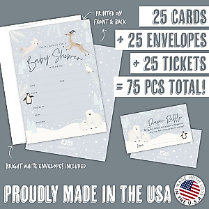 Koko Paper Co Snowy Winter Wonderland Baby Shower Invitations and Diaper Raffle Tickets | 25 Fill-in Invitations, 25 Bright White Envelopes and 25 Diaper Raffle Tickets | 75 pcs Total | Printed on Heavy Card Stock.