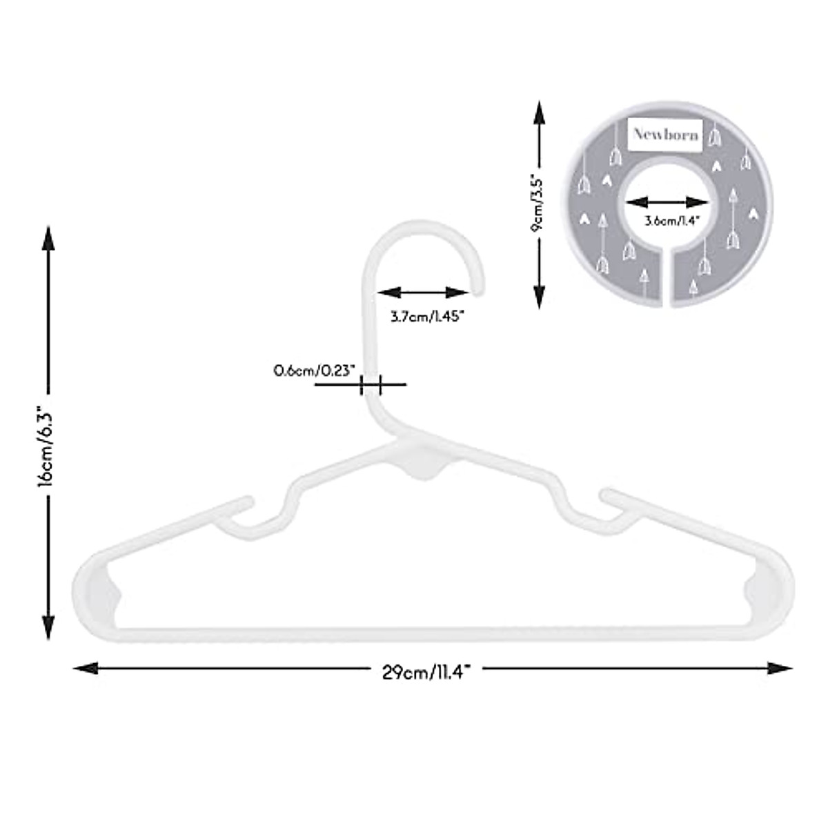 Binswloo Baby Hangers for Nursery, 30Pcs Plastic Kids Hangers, Small Children's Clothes Hangers with 8Pcs Baby Closet Dividers, Great as Infant & Toddler Hangers, 11.4 Inch, White