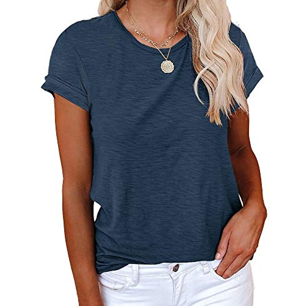 Cicy Bell Women's Short Sleeve Shirts Crewneck Loose Casual Summer Basic Tees Tops Navy