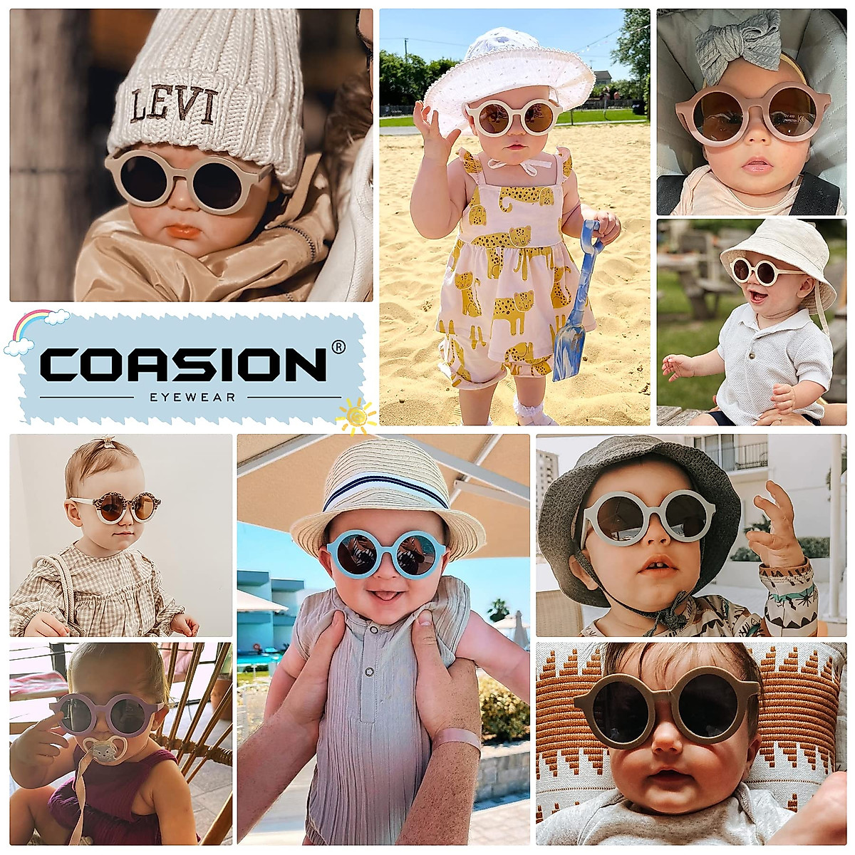 COASION Baby Polarized Round Sunglasses Flexible Rubber Shades with Strap for Toddler Newborn Infant Ages 0-24 Months (White/Brown)
