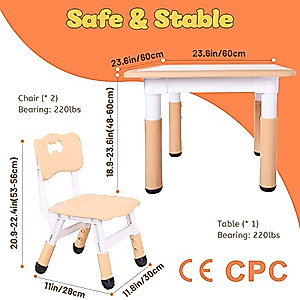 FUNLIO Kids Table and 2 Chairs Set, Height Adjustable Toddler Table and Chair Set for Ages 3-8, Easy to Wipe Arts & Crafts Table, for Classrooms/Daycares/Homes, CPC & CE Approved (3pcs Set) - Natural