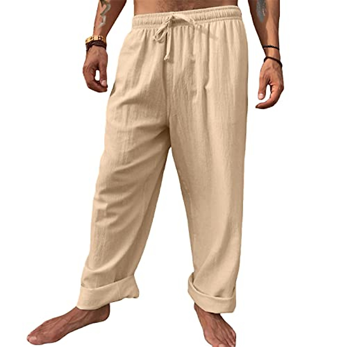 Mens Casual Linen Pants Loose Fit Lightweight Drawstring Summer Beach Yoga Pants Long Trousers Khaki