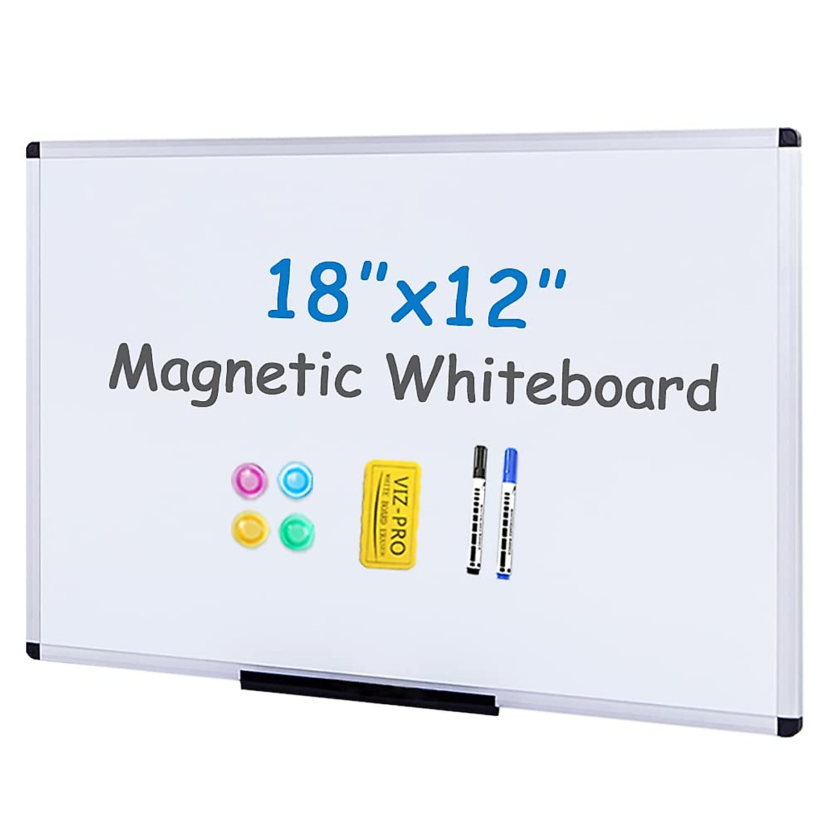 VIZ-PRO Magnetic Whiteboard/Dry Erase Board, 18 X 12 Inches, with 1 Eraser & 14 Markers & 4 Magnets