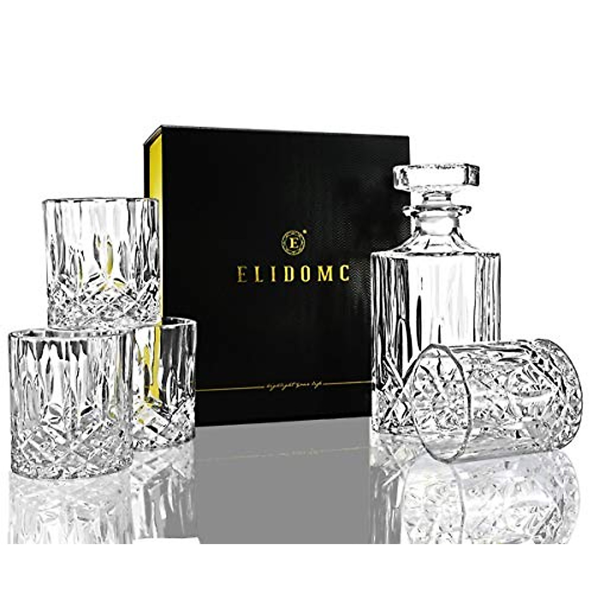 ELIDOMC 5PC Italian Crafted Crystal Whiskey Decanter & Whiskey Glasses Set, Crystal Decanter Set With 4 Whiskey Glasses, Whiskey Decanter Sets for Men