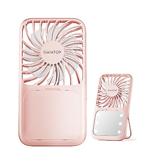 Gaiatop Handheld Mini Fan, 3 Speed Portable Lash Fan Makeup Mirror with LED Light, 2000mAh USB Rechargeable Personal Desk Fan with Stand, Small Hand Fan for Outdoor Travel Gifts for Women Girls Pink