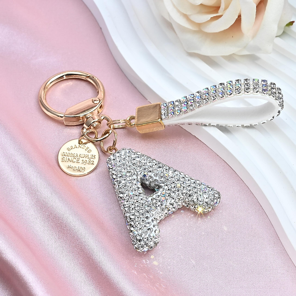Pink Blue White Initial Letter Keychain Gift for Women Girls Bling Sparkly Cute Backpack Car Key Accessories Lanyard ﻿(A-white diamond)