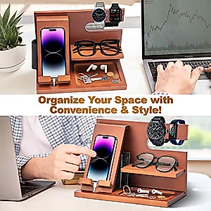 Gifts for Men Wood Phone Docking Station Key Wallet Stand Watch Organizer Men Father Husband Wife Male Idea Gadgets Bedside Organiser Anniversary Birthday Gifts for Him Boyfriend Husband Gifts for Dad