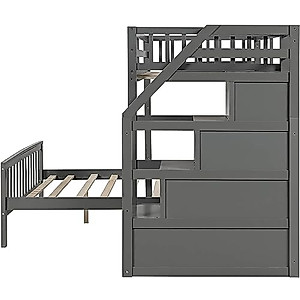 Harper & Bright Designs Twin Over Full Bunk Beds with Storage Stairs, Wooden Stairway Bunk Beds with Removable Bottom Bed and Guardrails for Kids Girls Boys,No Box Spring Needed (Grey)