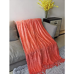 Cazlon Eyelash Textured Boho Style Decorative Throw Blanket with Chenille Tassels,100% Oeko-Tex Certified Flannel Blanket,Lightweight Cozy Throw for Bed Sofa Couch (50"x60", Coral Orange)