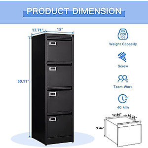 Yizosh 4 Drawer Black File Cabinet with Lock, Filing Cabinets for Home Office, Metal Locking Office File Storage Cabinets with Drawers, Vertical Small Filing Cabinet Organizer for Legal/A4