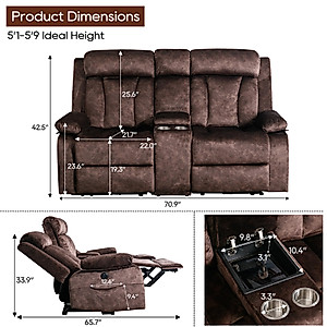 GUEAPY Fabric Reclining Loveseat, Power Reclining Loveseat with Console, Double Recliner Loveseat with Heat and Massage, Cup Holders, USB & Type-C Charge Ports for Living Room (Brown)