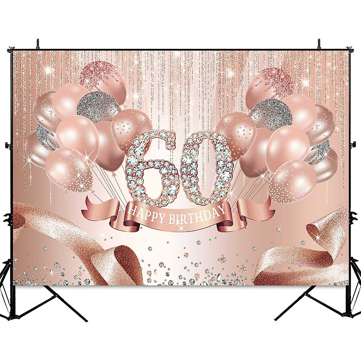 Sensfun Rose Gold Happy 60th Birthday Backdrop Decorations for Women Pink Glitter Ribbon Balloons Dots Photography Background Shining Diamond Sixty Years Old Party Banner Photo Studio Props 7x5ft