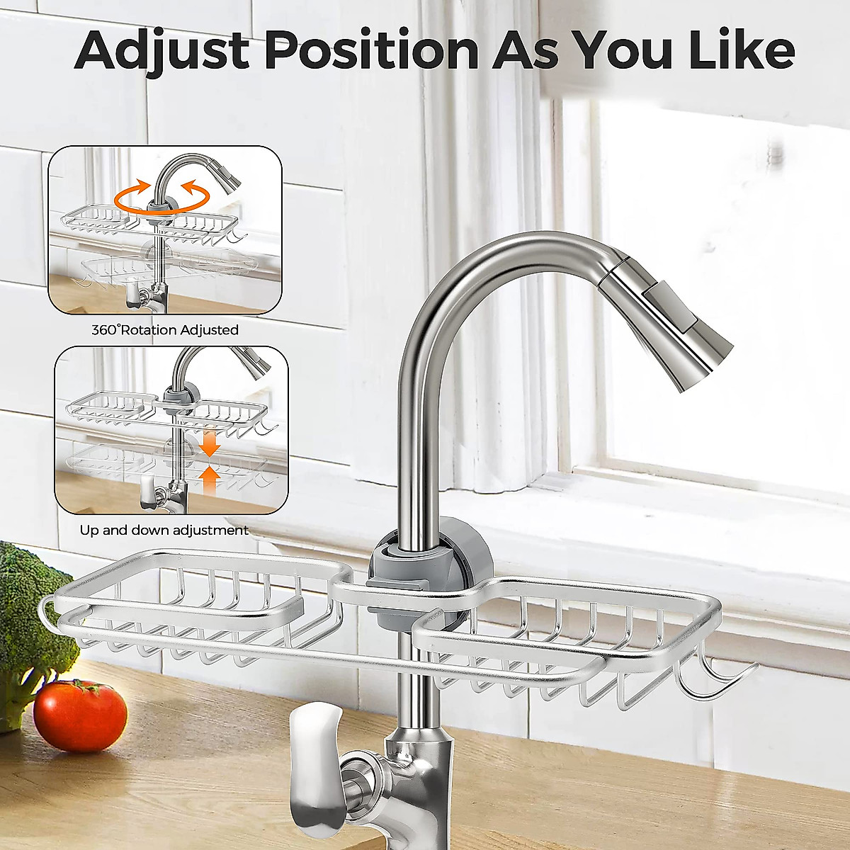 Ravinte Sponge Holder for Kitchen Sink, Hanging Drain Sink Sponge Holder Over Facuet Sponge Holder Sink Caddy Faucet Rack for Kitchen Sink Organizer and Bathroom Shower Rack--Double Square, Silver