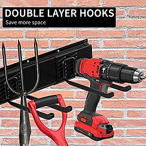 Garage Tool Organizer Wall Mount, 12 PCS Garden Tool Rack Garage Storage, 8 Heavy Duty Adjustable Hooks Steel and 4 Rails Aluminum, 450 LBS Max Load