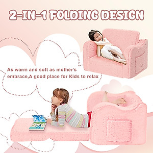 QIICMER Toddler Chairs Comfy 2-in-1 Kids Couch Fold Out Convertible Sofa to Bed, Kids Sofa for Girls and Boys, Cuddly Chairs for Toddlers 1-3 (Pink)