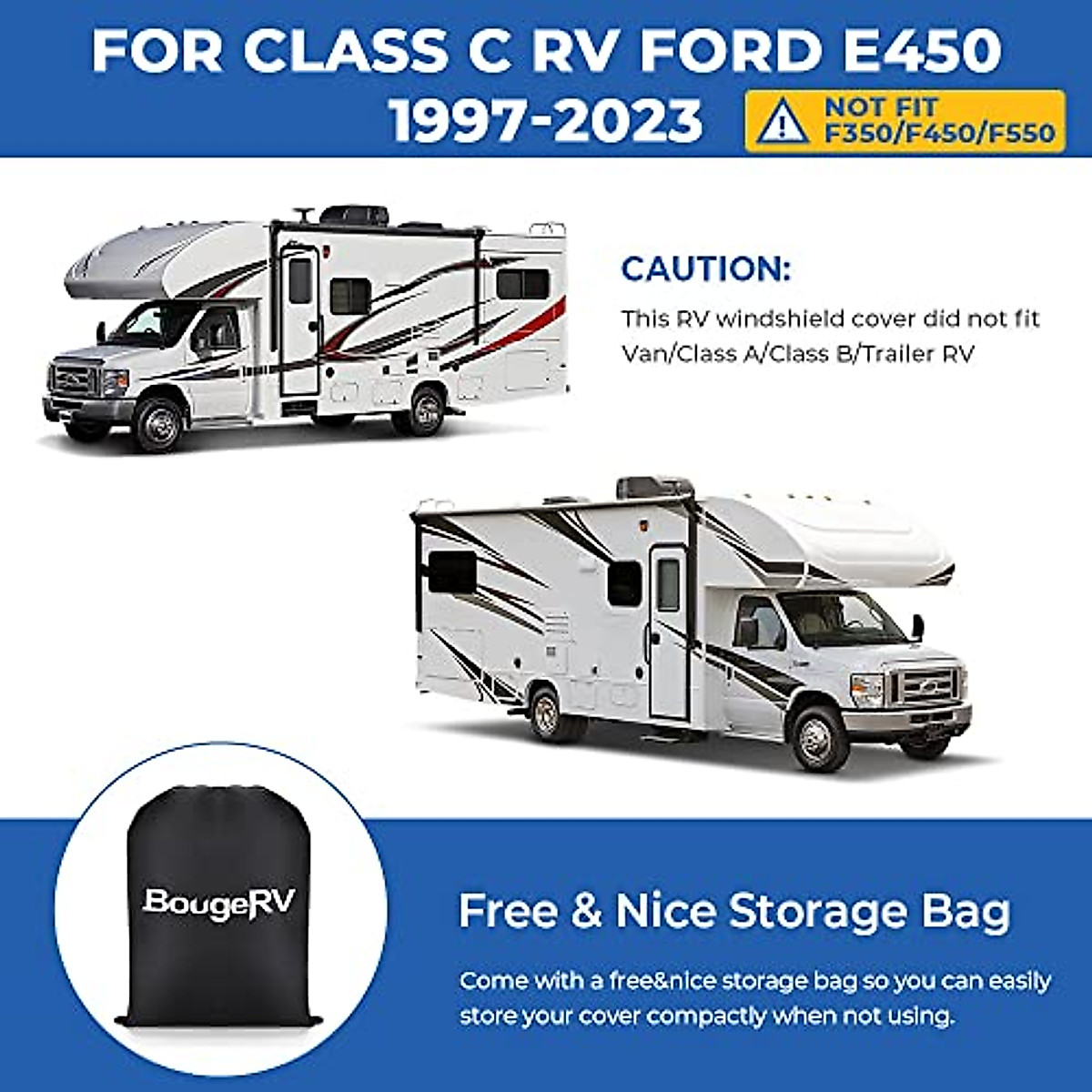 BougeRV RV Windshield Window Snow Cover for Class C Ford E450 1997-2023 Motorhome Windshield Cover Snow Cover for RV Front Window Sunshade Cover RV Accessories 4 Layers with Mirror Cutouts Silver