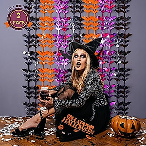 LOLStar Halloween Party Decoration, 2 Pack Black Orange and Purple Bat Photo Booth Props, 3.3 x 6.6 ft Halloween Foil Fringe Curtains, Halloween Photo Backdrop Streamers for Halloween Party Supplies