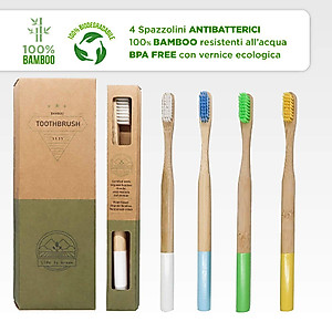 Eco Friendly and Biodegradable Bamboo Toothbrush Water Resistant | Plastic Free Round Handle | Antiseptic Medium Hard Bristles BPA-Free | Natural | Set of Toothbrushes | 200 Bamboo Cotton Swabs FREE