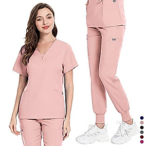 niaahinn Scrub Suit Set for Women Modern V-neck + Leg Drawstring Jogger Pants Medical Nursing Uniforms Set (Pink,S)