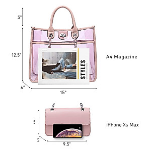 Large Clear Tote Bag PVC Top Handle Shoulder Bag 2 Pieces Set With Turn Lock Closure (Pink)