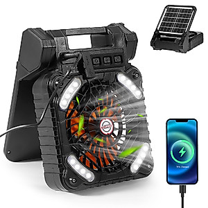 Car Solar Fan with Light Rechargeable, Portable Camping Fan 10000mAh Battery Operated with 4 Speeds and 3 Brightness Level, Camping Essentials Fan with Timer for Travel Tent Picnic Barbecue Fishing
