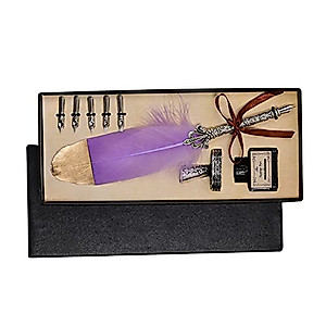 Quill Pen Set Feather Pen and Ink Set, Antique Calligraphy Dip Pen with Ink, 5 Replacement Nibs, Pen Stand Base, Luxury Vintage Signature Pen for Invitations Letters (Purple)