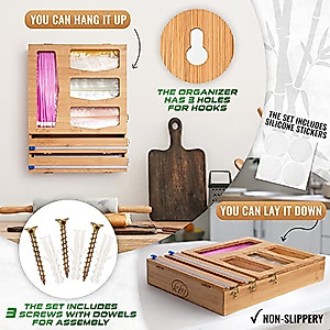 KitchenBe1 - Ziplock Bag Organizer together with Foil and Plastic Wrap Dispenser Cutter, Storage for Drawer or Wall, Zip Lock Sandwich Baggie Container Organization Bamboo, Natural (BambooBox01)