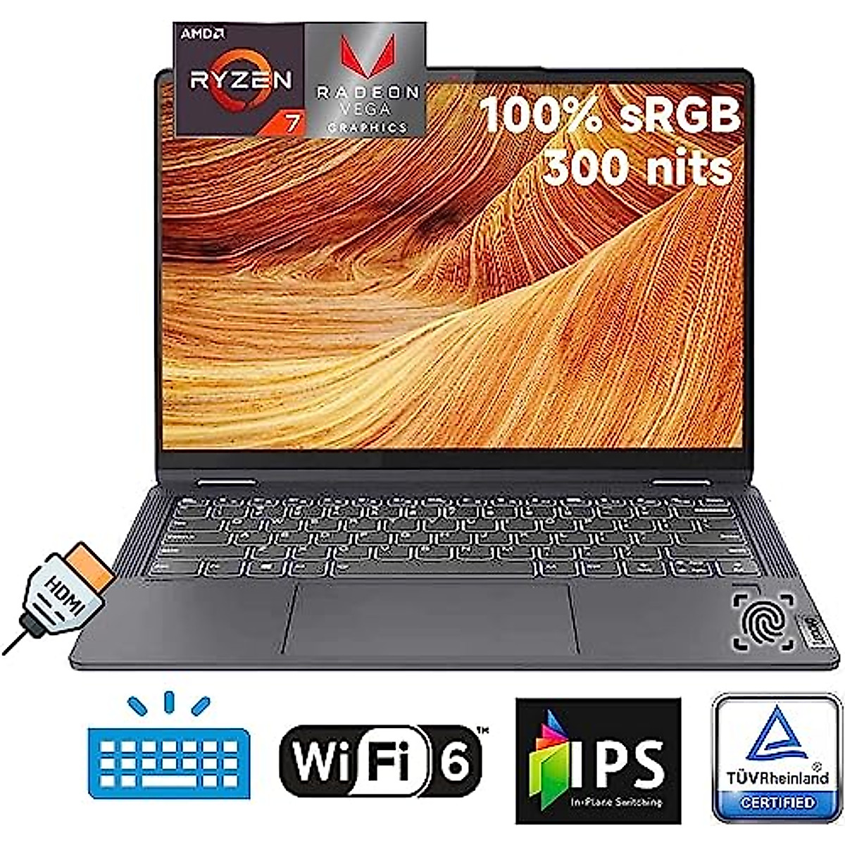 Lenovo Flex 5 14" 2-in-1 16:10 2.2K (2240x1400) Touchscreen Laptop, 8-Core AMD Ryzen 7 5700U, 16GB RAM, 512GB PCIe SSD, Wi-Fi 6, Windows 11, Fingerprint, w/HDMI Cable