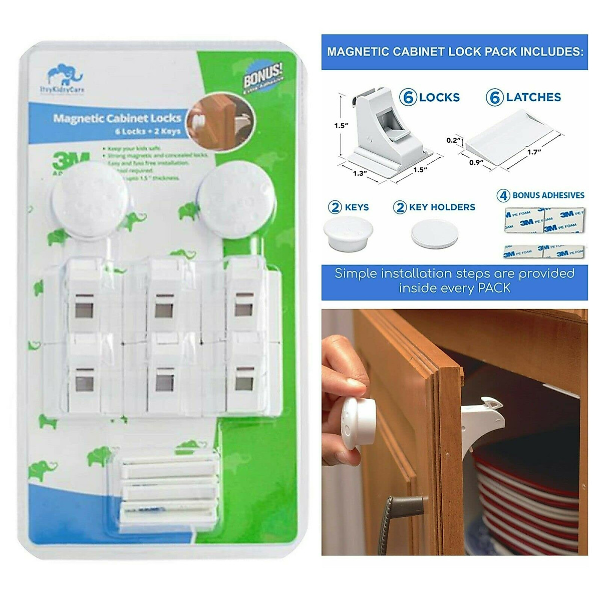 ItsyKidsyCare Baby Proofing Magnetic Cabinet Locks for Child Safety for Cabinets and Drawers No Tools or Screws Needed, 6 Locks, 2 Keys and 4 Bonus 3M Adhesives