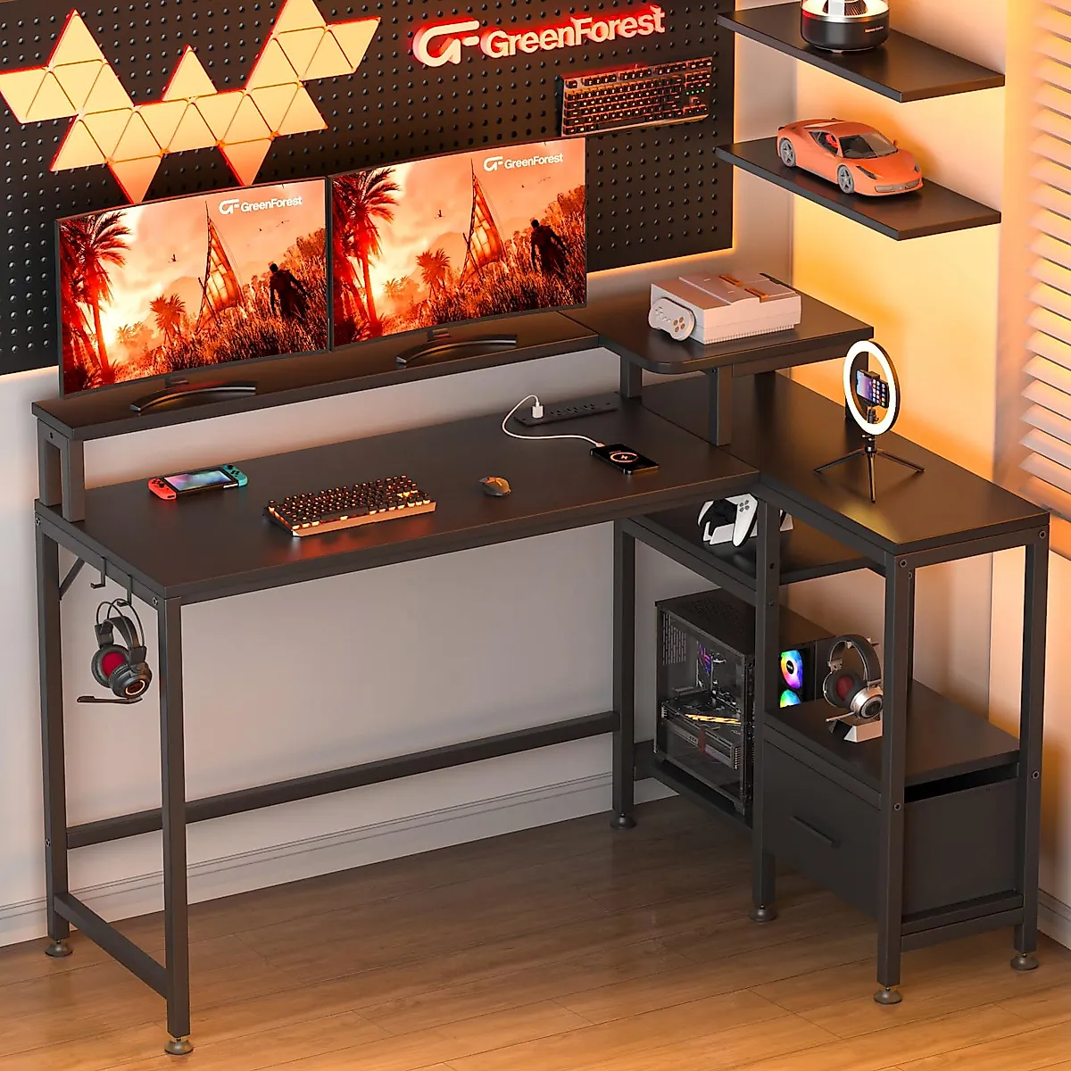 GreenForest L Shaped Desk with Drawers and Power Outlet, 51 inch Computer Gaming Desk with Monitor Stand and 4 Tier Storage Shelves, Printer Stand and Hooks for Work and Study, Black