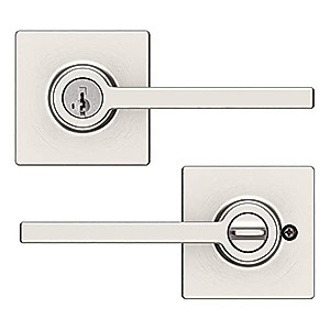 Kwikset Casey Entry Door Handle with Lock and Key, Secure Keyed Reversible Lever Exterior, For Front Entrance and Bedrooms, Satin Nickel, Pick Resistant Smartkey Rekey Security and Microban