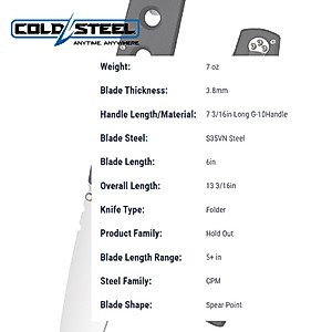 COLD STEEL Hold Out 6" S35VN Plain Blade 7.2" G-10 Handle Everyday Carry Pocket Folding Knife w/Tri-Ad Lock, Pocket Clip