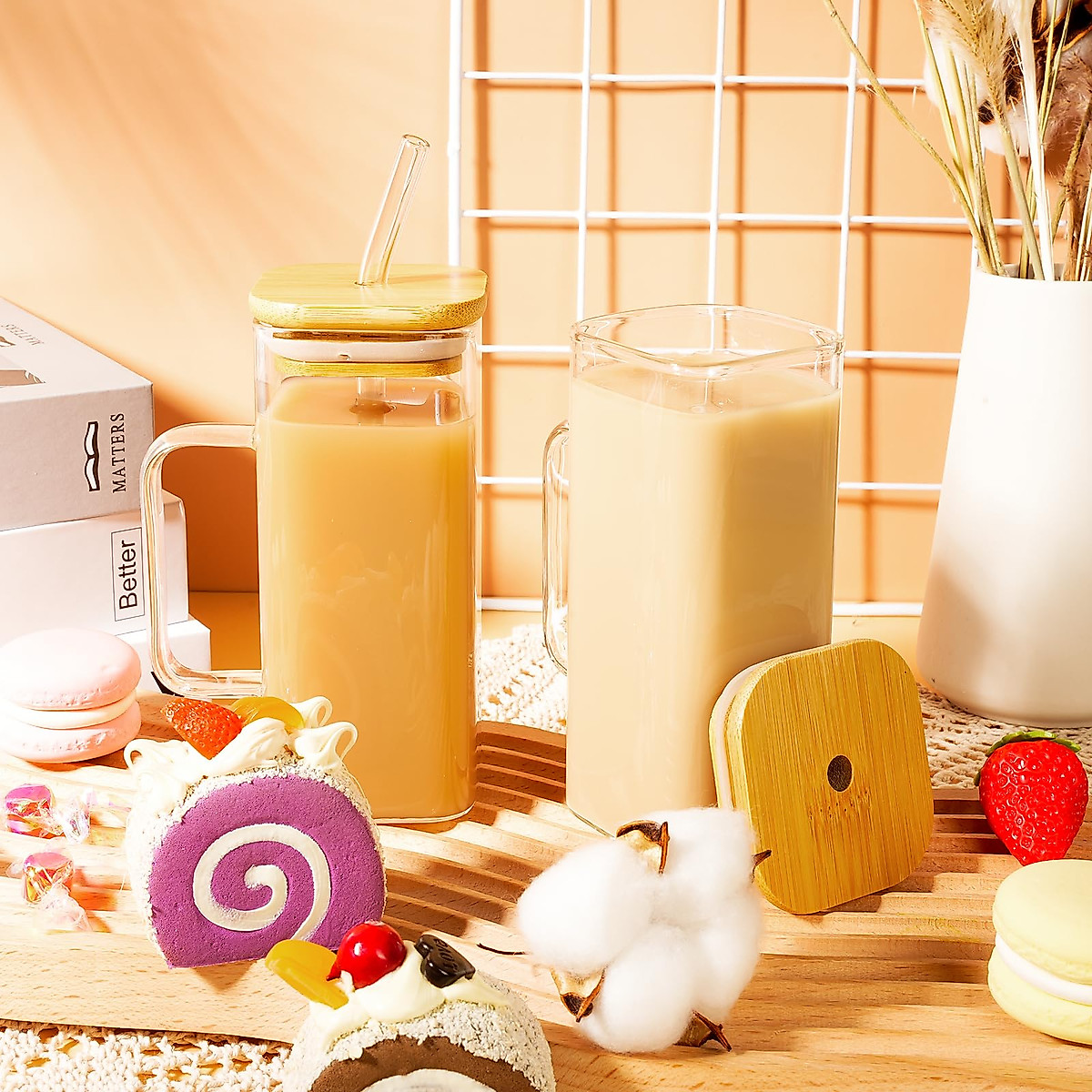 Rtteri 6 Set Square Glass Cups Drinking Glasses with Bamboo Lid Straw and Handle Portable Coffee Mugs for Graduation Party Mother's Day Gifts(Clear, 16 oz, Medium)