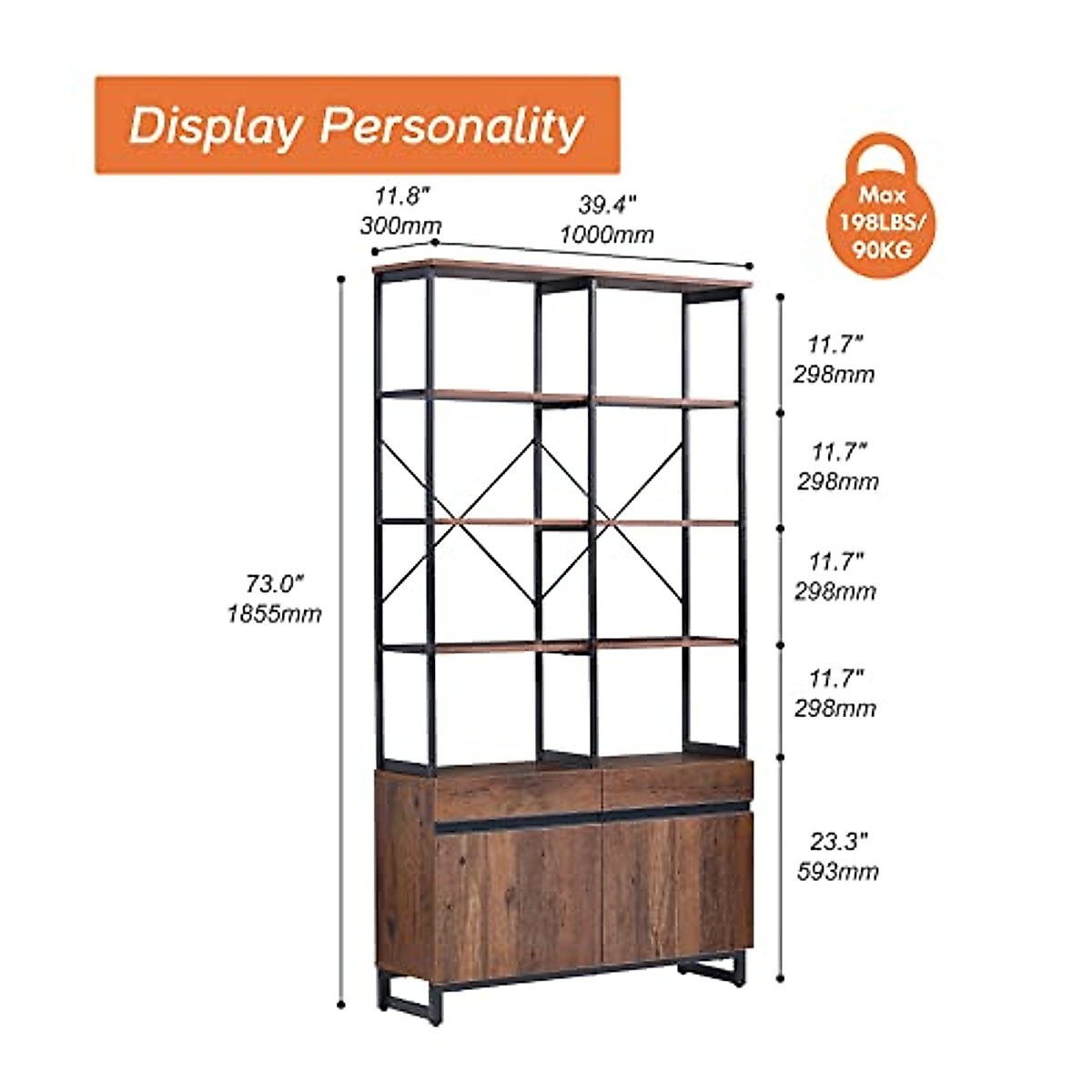 WAMPAT 2 PCS of 73" Tall Bookshelf with Storage Cabinet，5 Tier Industrial Standing Display Bookcase for Home & Office