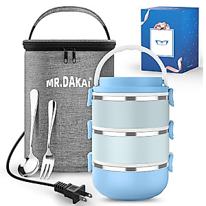 Mr.Dakai Portable Electric Heated Bento Lunch Box for Adults Kids, 71oz Stackable Stainless Steel Hot Food Lunch Box Container, 3-Tier Insulated Bento Box Adult Thermal Lunch Box, Food Warmer Set