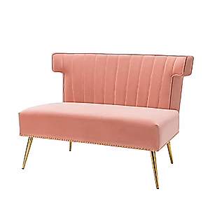 HULALA HOME Mid-Century Velvet Upholstered Loveseat Sofa Armless, Modern Loveseat Couch with Golden Metal Legs, Living Room Tufted Velvet 2 Seater Sofa Chairs for Apartment Small Spaces（Pink）