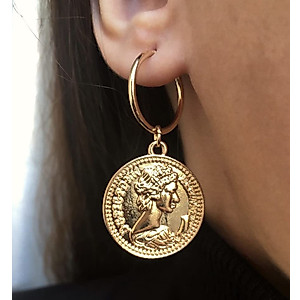 Doubnine Coin Hoops Earrings Medallion Greek Goddess Portrait Gold Dainty Tiny Disc Dangle Women Fashion Jewelry