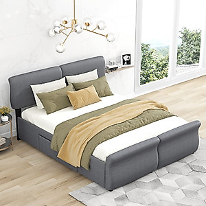 RUNWON Queen Size Upholstered Platform Bed Frame with Underneath 2 Storage Drawers and Comfortable Headboard for Kids Adults