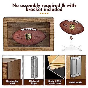 Full Size Wooden Football Display Case with Acrylic Football Stand【No Assembly Required 】 with 98% UV Acrylic Door, Sports Memorabilia Showcase and Storage Box