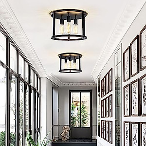 APOTO 3-Lights Semi Flush Mount Ceiling Light Fixture,Black Hallway Light Fixture,Industrial Light Fixture Ceiling Mount,Farmhouse Close to Ceiling Lamp for Entryway Kitchen,Bulb not Included, 2 Pack
