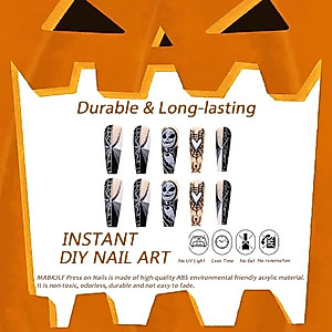Halloween Press on Nails Long Coffin Fake Nails Full Cover Nightmare Christmas Nails Spider Web False Nails with Designs Rhinestones Matte Glue on Nails Artificial Nails for Women Girls 24Pcs