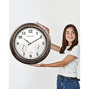SkyNature Outdoor Clocks Large Waterproof with Thermometer and Hygrometer - 18 Inch Silent Battery Operated Metal Clock, Decorative Garden Clock for Patio, Pool and Home - Bronze