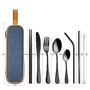 EvaCrocK Travel Utensils with case | 9-Piece Reusable Utensils, Stainless Steel Portable Silverware Travel Cutlery set, Camping Flatware Utensil sets for Lunch [9 Piece Black]